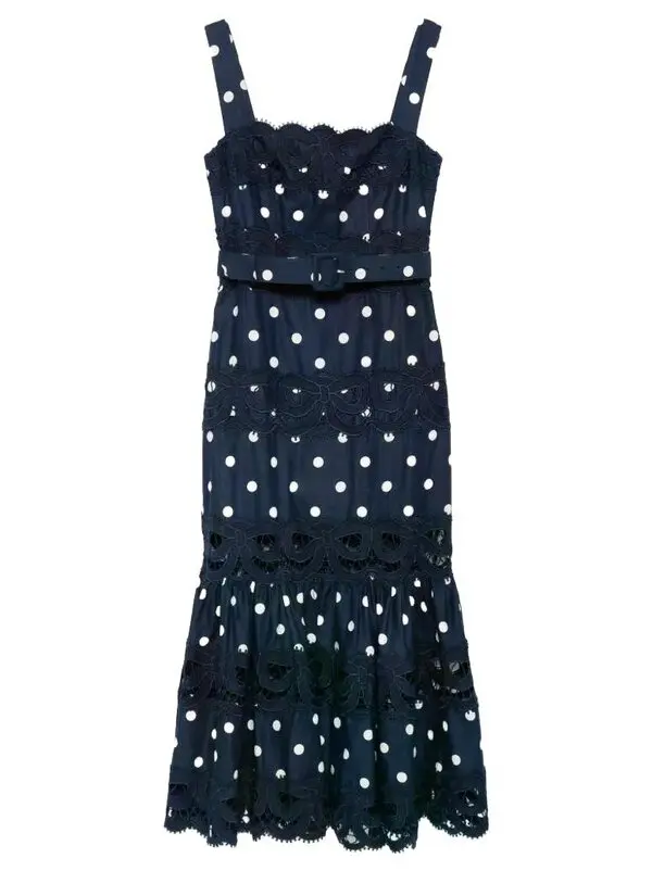 SELF-PORTRAIT Polka-dot Midi Dress With Scallop Trims - Blue