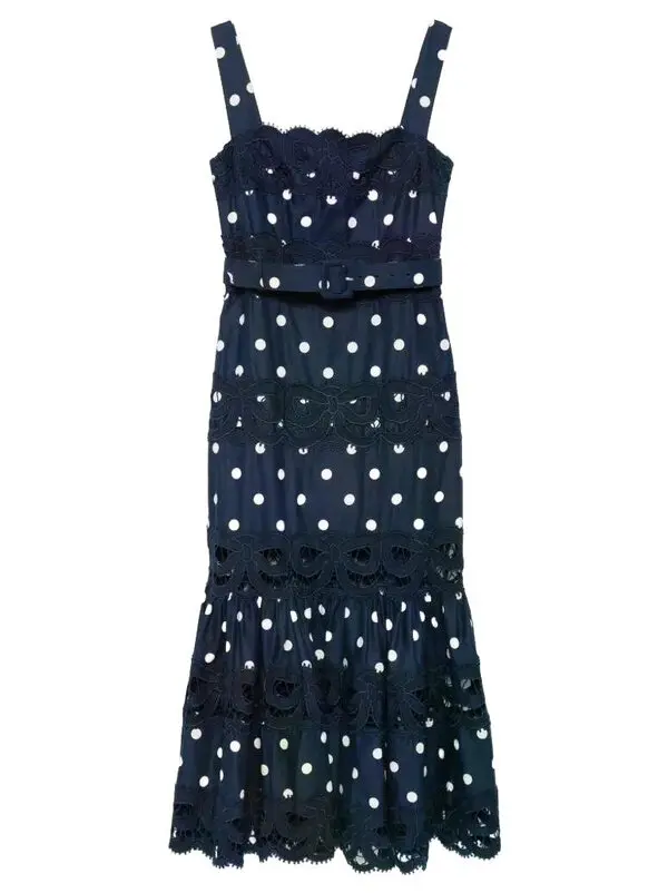 SELF-PORTRAIT Polka-dot Midi Dress With Scallop Trims - Blue