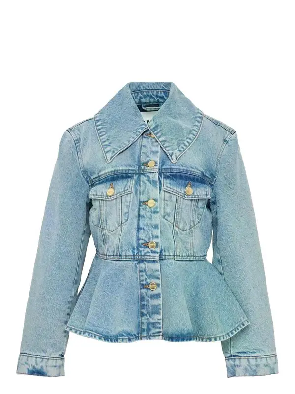 GANNI Pleated Peplum Denim Jacket - Blue