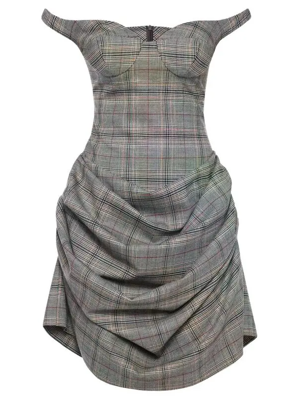 ANOUKI Checkered Draped Mini Dress - Grey