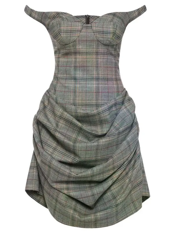 ANOUKI Checkered Draped Mini Dress - Grey