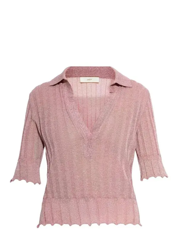 AKEP Ribbed-knit Polo Top - Pink