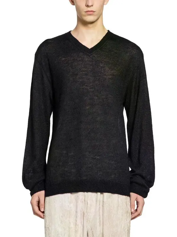MYTHINKS Alpaca Shaggy V-neck Sweater - Black