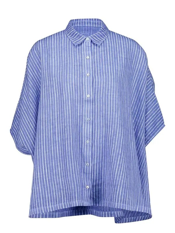 120% Lino Striped Linen Short-sleeve Shirt - Blue