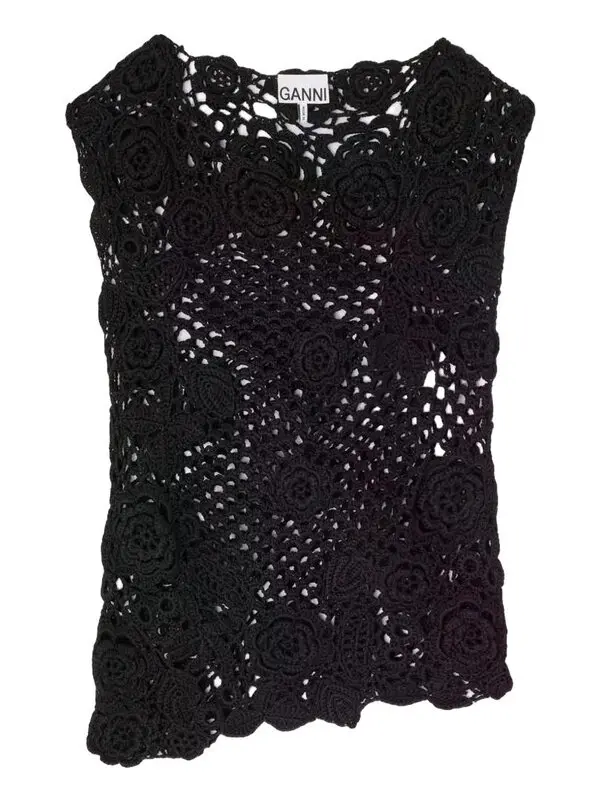 GANNI Crochet Floral Top - Black