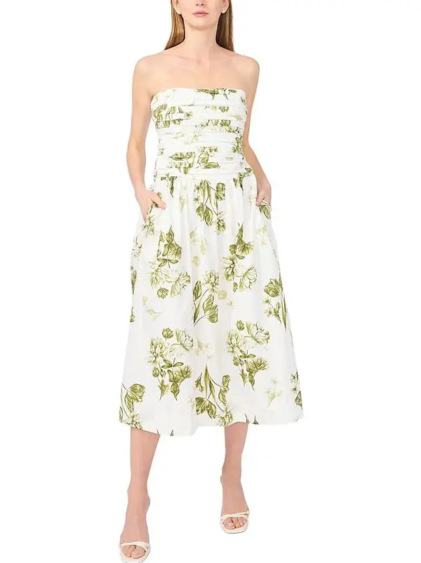 1.State Strapless Ruched Bodice Midi Dress - Grasshopper Green