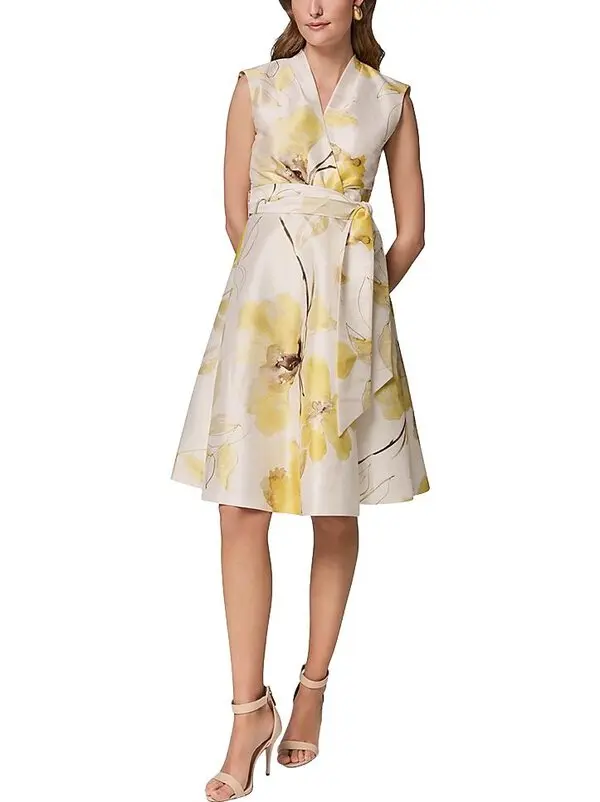 Donna Karan New York Sleeveless Jacquard Faux Wrap A-line Dress - Limoncello Multi