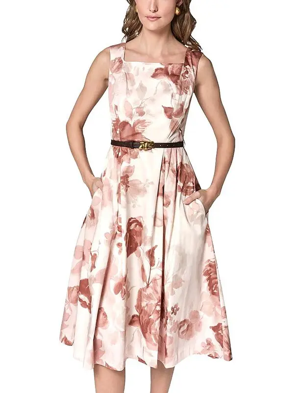 Donna Karan New York Floral Print Cotton Dress With Belt - Snow Petal