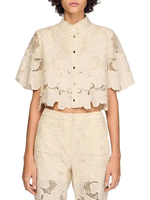 Sandro Ame Cropped Floral Guipure Lace Shirt - Ecru