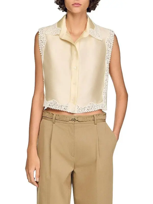 Sandro Cropped Shirt With Lace Details - Ecru