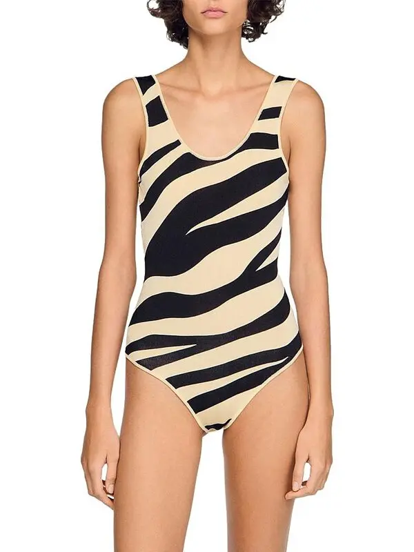 Sandro Zebra Print Knit Bodysuit - Ecru Black