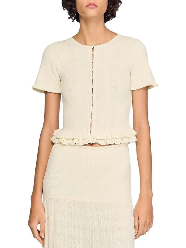 Sandro Arianna Ruffled Knit Cardigan - Ecru