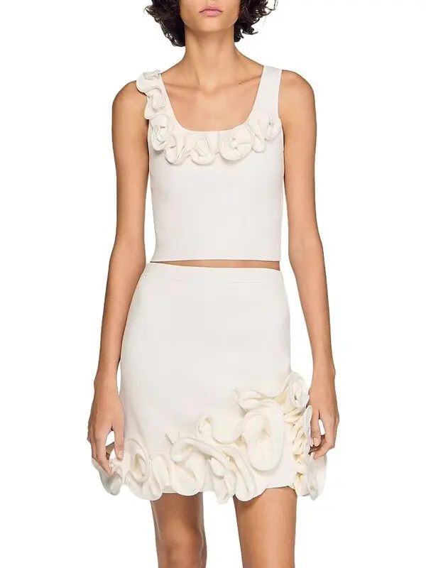 Sandro Calice Floral Knit Crop Top - White