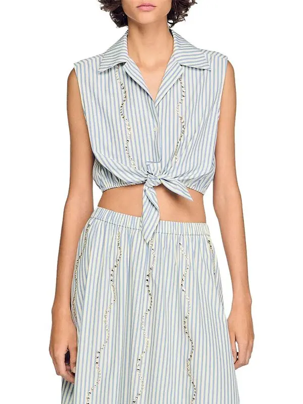 Sandro Striped Rhinestone Trim Shirt - Blue