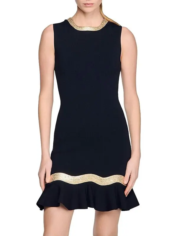 Sandro Ophira Metal Chain Trim Knit Short Dress - Black
