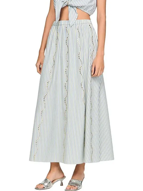 Sandro Lucia Rhinestone Trim Striped Long Skirt - Blue