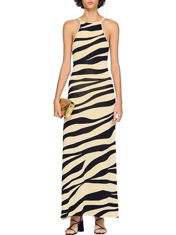 Sandro Zebra Print Knit Maxi Dress - Ecru Black