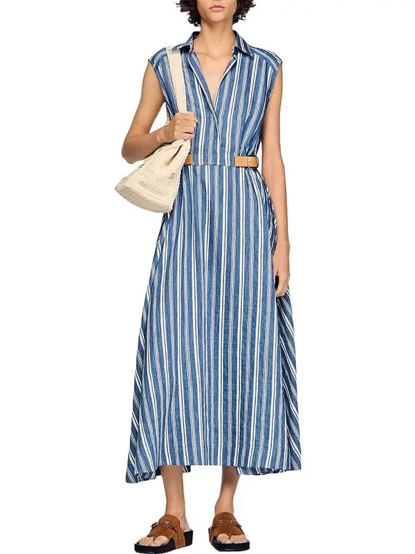 Sandro Striped Maxi Dress With Leather Tab - Blue White