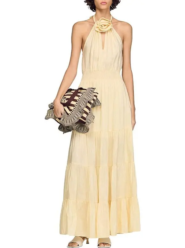 Sandro Floral Detail Linen Blend Maxi Dress - Vanilla