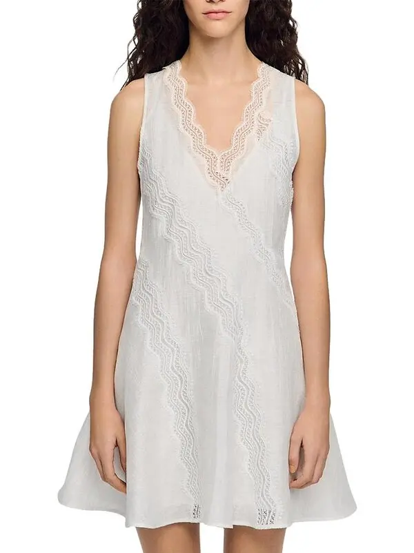 Sandro Short Trimmed Linen Dress - White