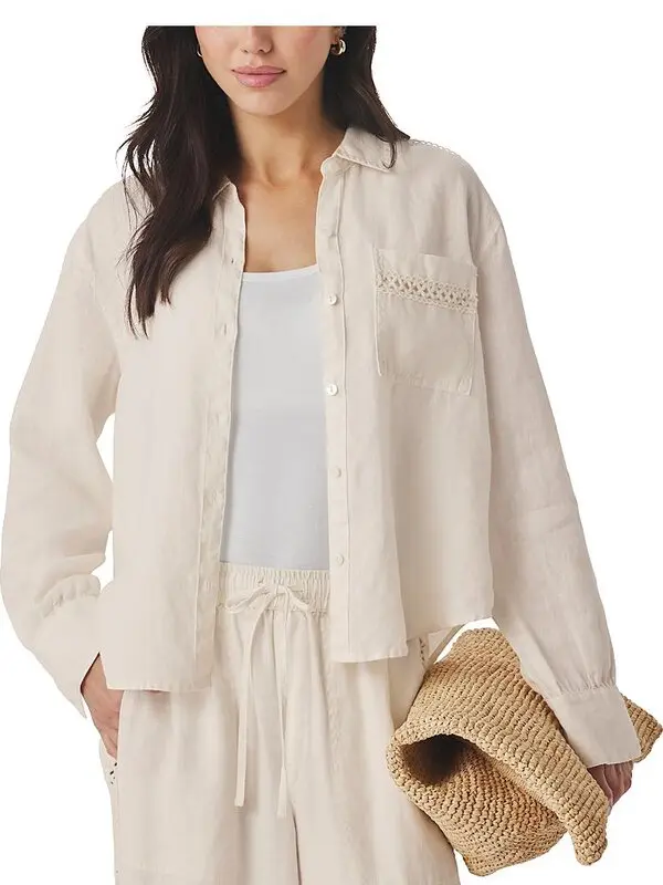 Splendid Stella Linen Trim Button Down Shirt - Antique Pearl