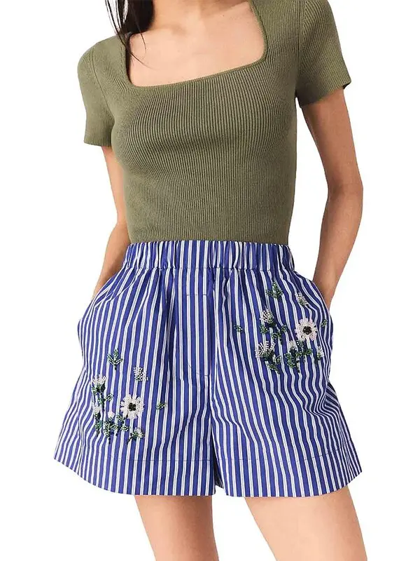 Maje Embroidered Striped Shorts - White / Blue