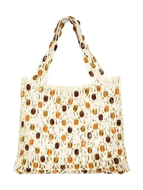 Aqua Medium Beaded Tote Bag - Ivory/multi