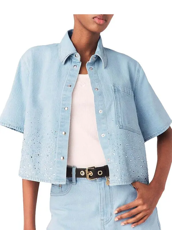 Maje Cropped Rhinestone Denim Shirt - Blue Sky