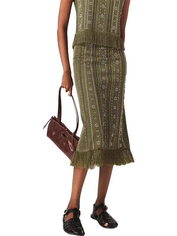 Maje Rhinestone Flowers Knit Skirt - Khaki