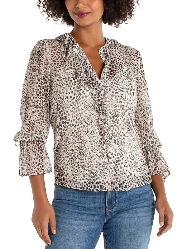 LIVERPOOL Long Sleeve Ruffle Front Shirt - Brown Multi Animal