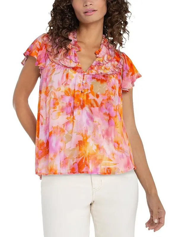 LIVERPOOL Flutter Sleeve Popover Blouse - Orange/ Pink Multi