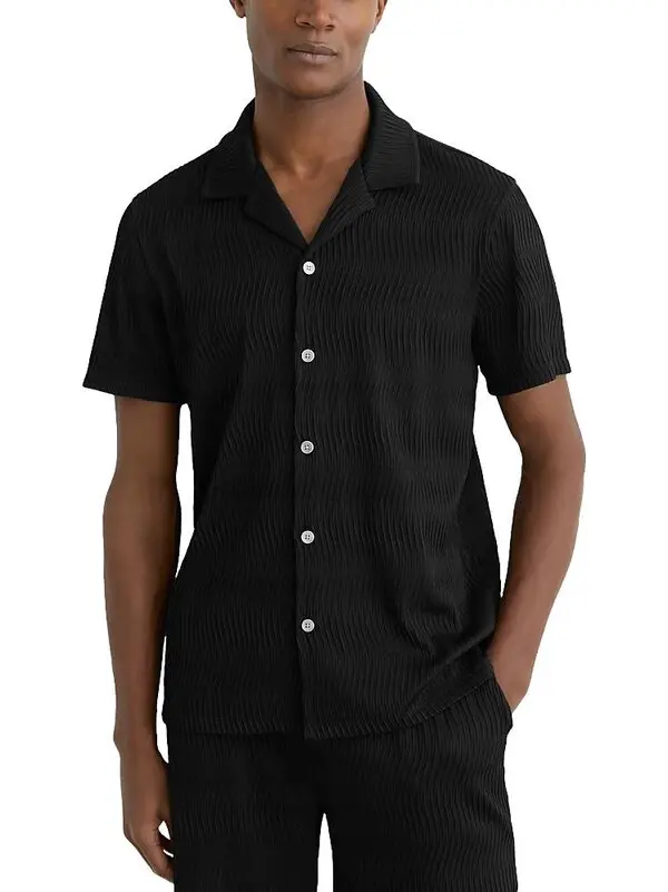 REISS Aleo Textured Wave Cubano Shirt - Black