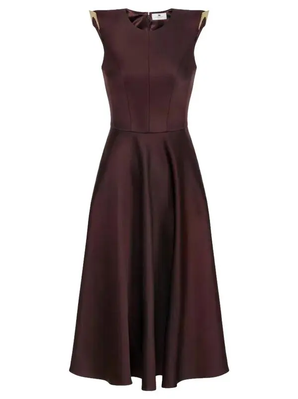 Elisabetta Franchi Duchess Satin Sleeveless Midi Dress With Geometric Plaque - Brown