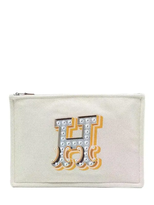 Hermès H Canvas Embroidered Flat Case Clutch - Brown