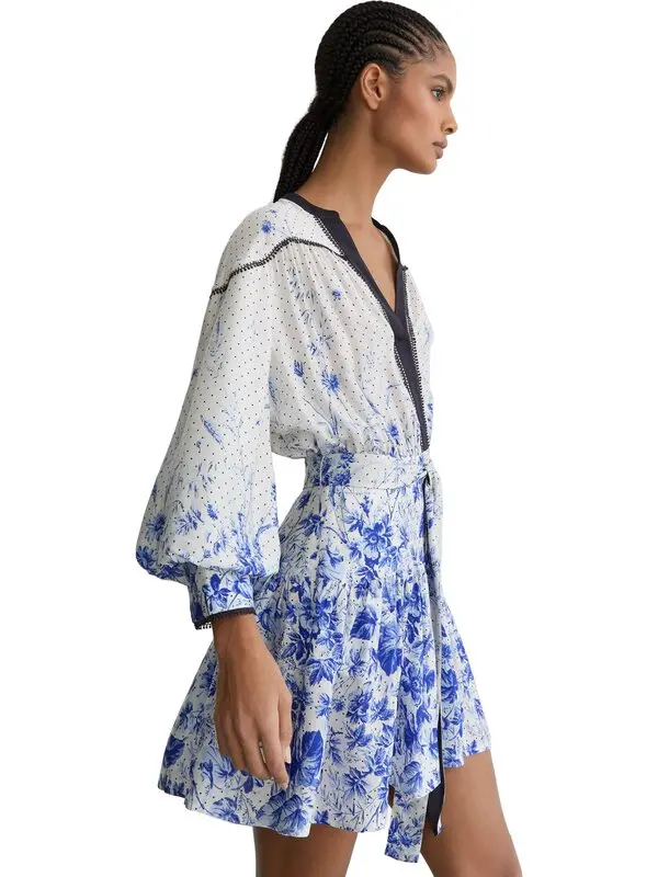 REISS Anisa Floral-print Belted Mini Dress - Ivory/blue