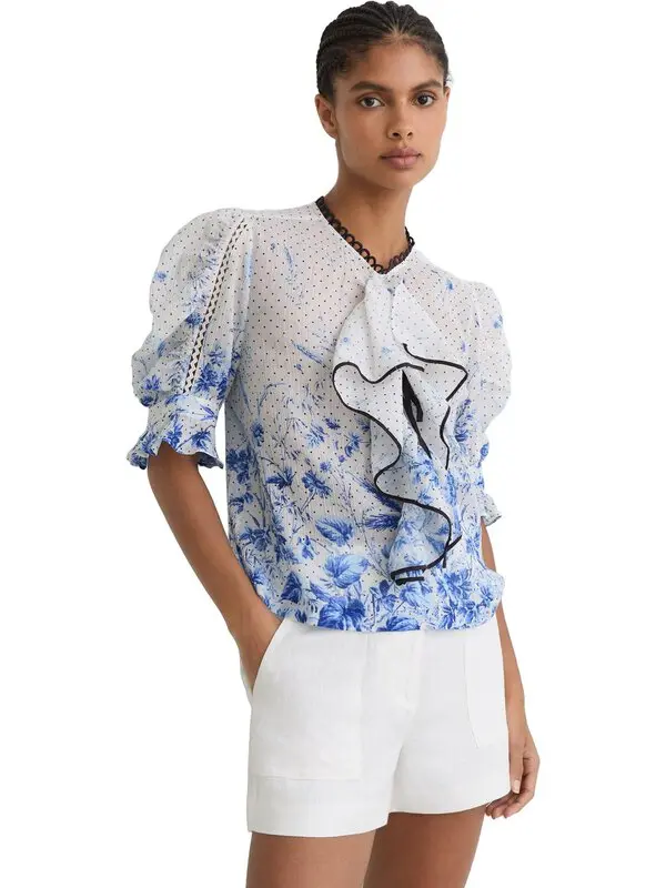 REISS Floral-print Ruffle Blouse - Ivory/blue