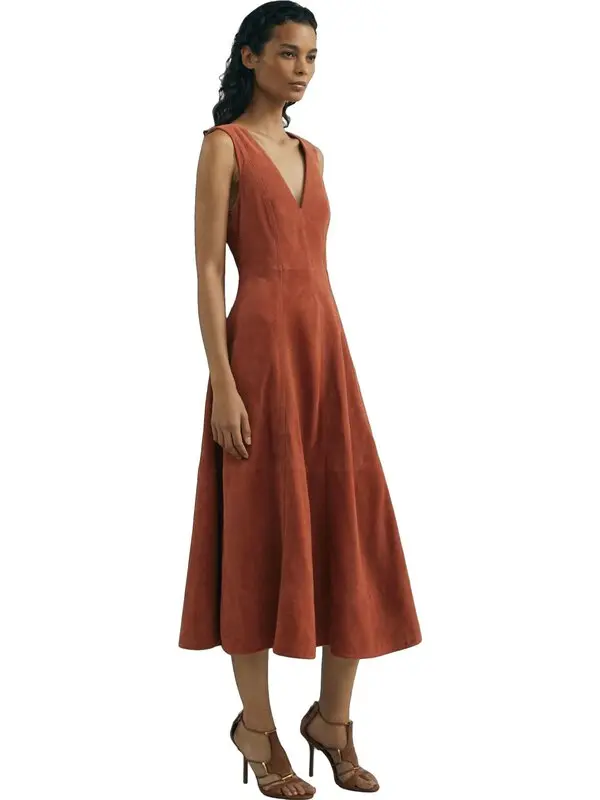ATELIER Suede Sleeveless Midi Dress - Rust