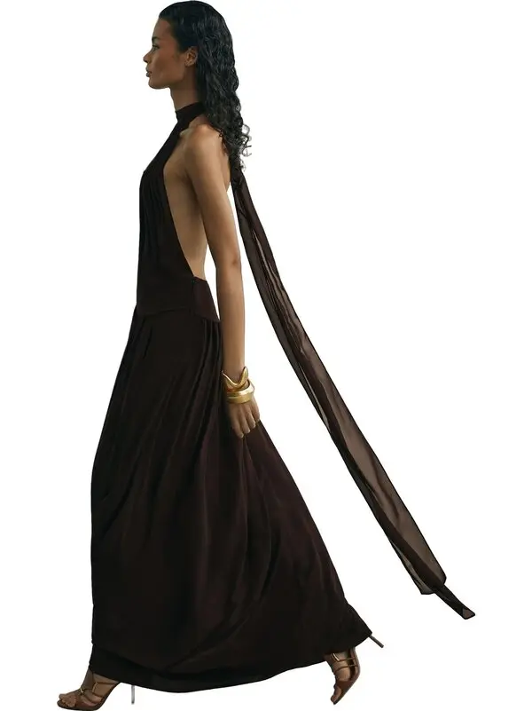 ATELIER Chiffon Draped Halterneck Maxi Dress - Chocolate