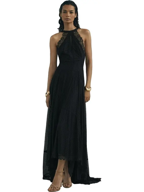 ATELIER Lace-trim Striped Mesh Maxi Dress - Black