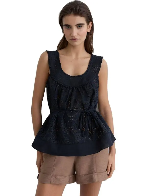 REISS Larna Cotton Broderie Anglaise Cami Top - Navy