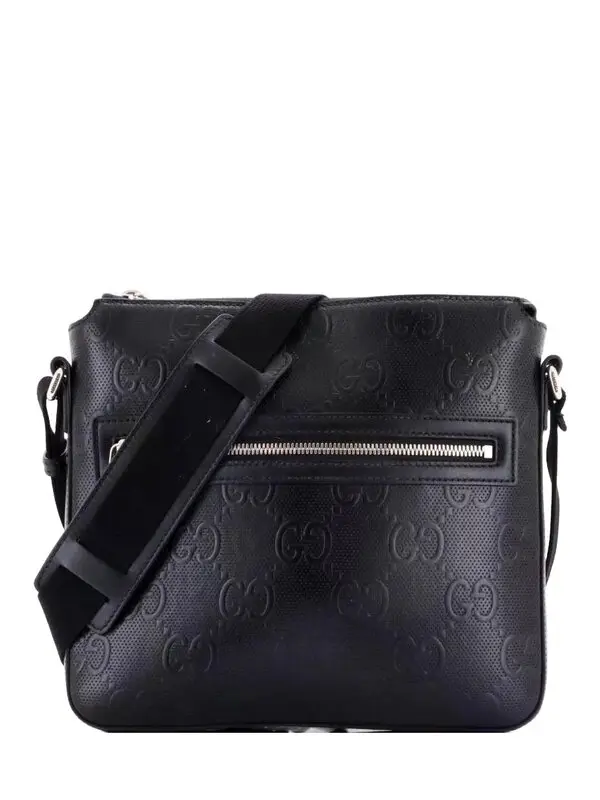 Gucci Front Zip Messenger Gg Embossed Perforated Leather Small Crossbody Bag - Black