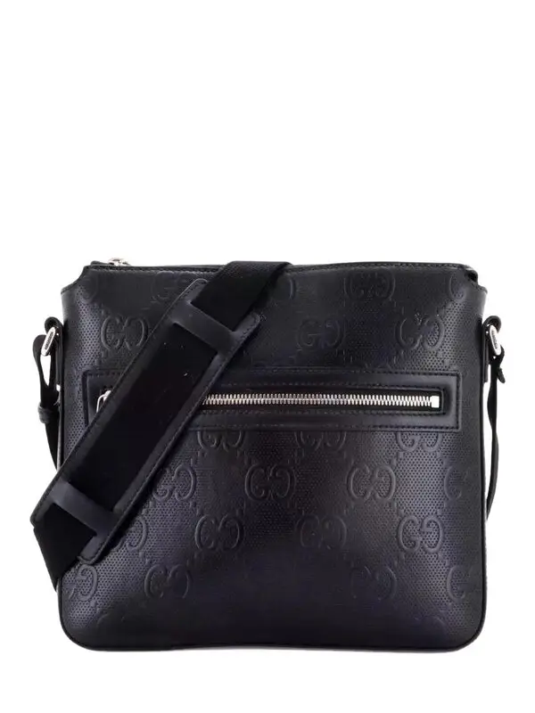 Gucci Front Zip Messenger Gg Embossed Perforated Leather Small Crossbody Bag - Black