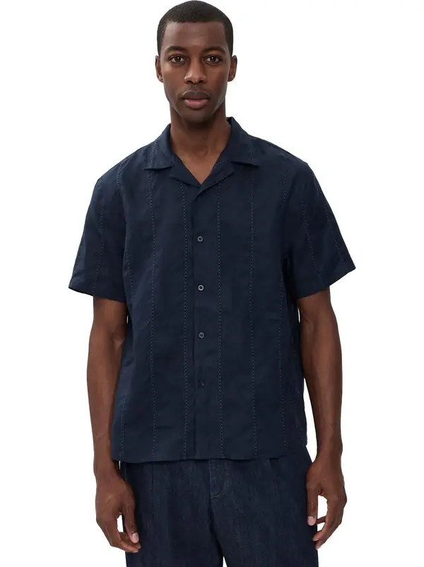 Vince Linen Eyelet Stripe Short Sleeve Cabana Shirt - Coastal
