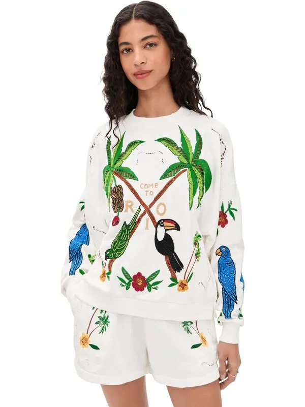 Farm Rio Embroidered French Terry Crewneck - Off-white