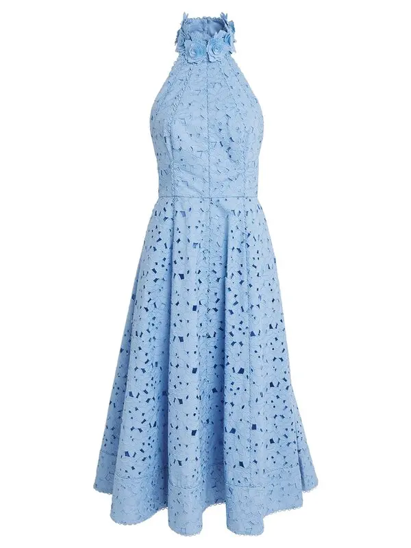 Rebecca Vallance Cotton Embroidered Halterneck Nuvola Midi Dress - Blue