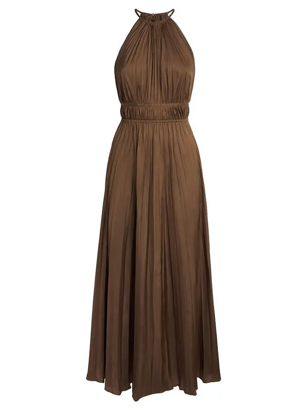 Maje Satin Pleated Maxi Dress - Brown