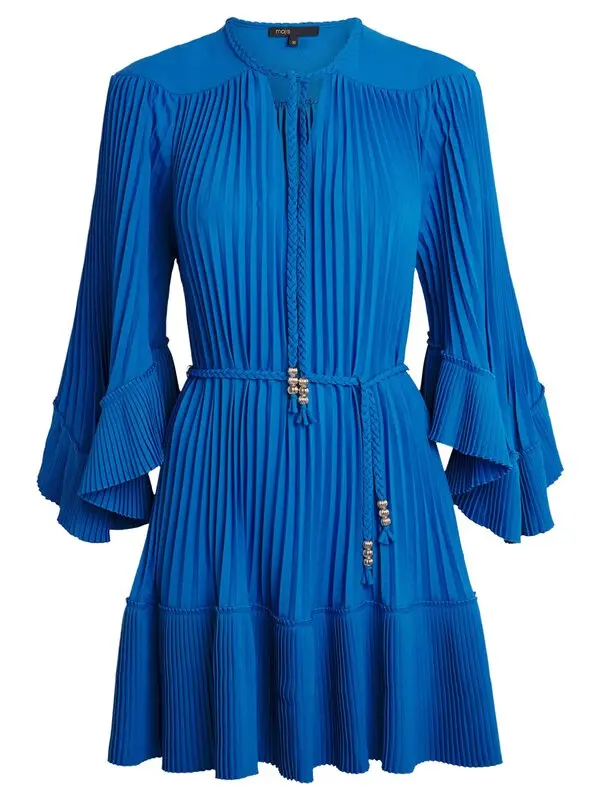 Maje Pleated Mini Dress With Belt - Blue