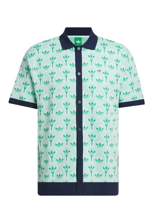 Adidas Originals Trefoil & Tee Jacquard Short Sleeve Piqué Button-up Shirt - White/clear Mint/court Green