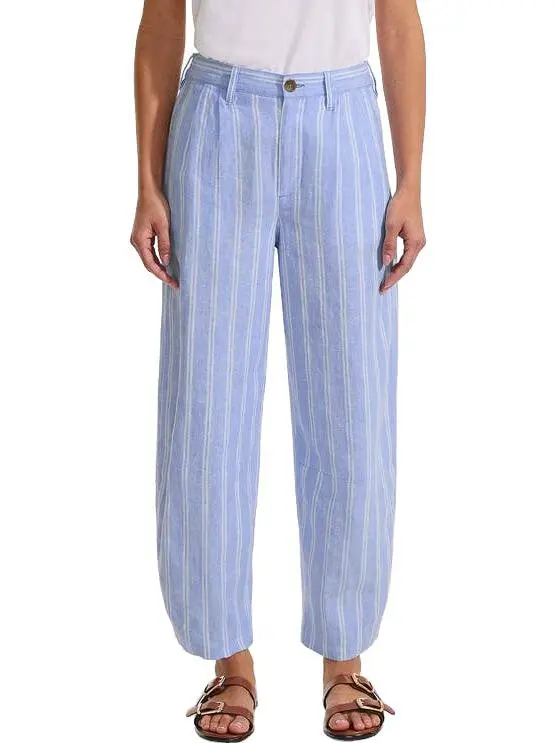 LANDS' END Linen High Rise Pleated Barrel Leg Trousers - Clear Blue Sky Double Stripe