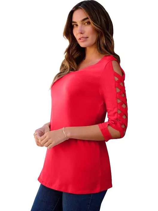 Roaman's Lattice Sleeve Scoopneck Tee - Classic Red